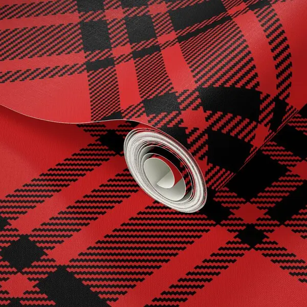 Spoonflower Retro Christmas Plaid Red Black Large Tartan Check Custom Pre-pasted Wallpaper - Red,black