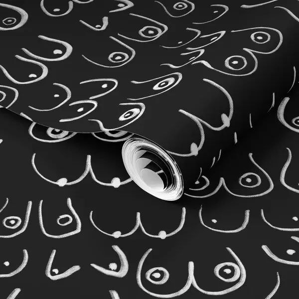 Spoonflower Black White Lady Ladies Funny Boobs Breasts Breast Custom Pre-pasted Wallpaper - Black,white,gray