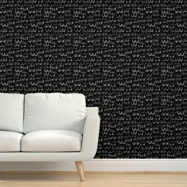 Spoonflower Black White Lady Ladies Funny Boobs Breasts Breast Custom Pre-pasted Wallpaper