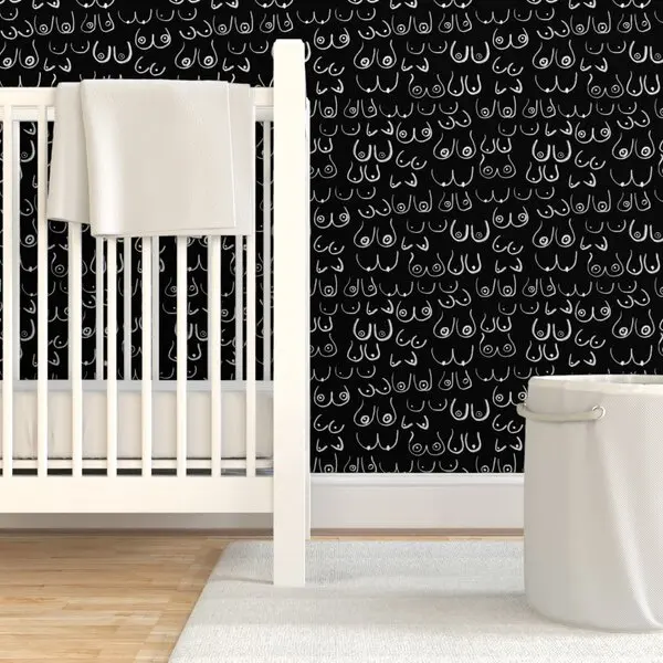 Spoonflower Black White Lady Ladies Funny Boobs Breasts Breast Custom Pre-pasted Wallpaper
