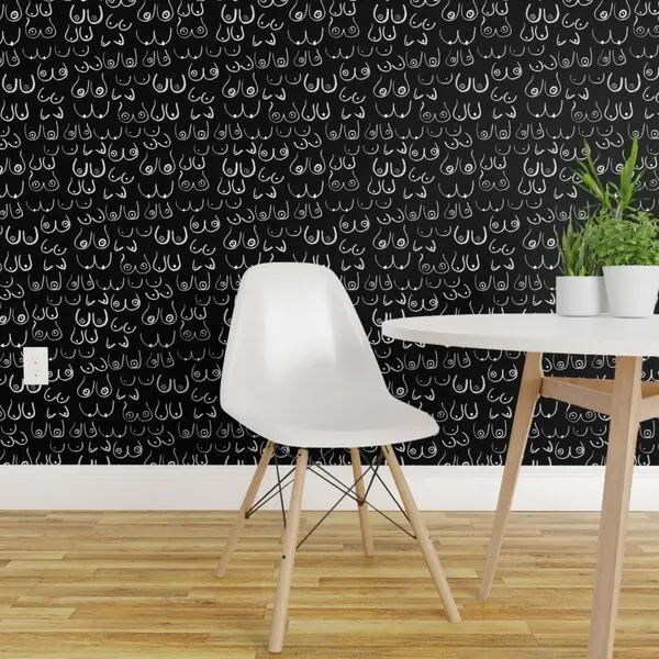 Spoonflower Black White Lady Ladies Funny Boobs Breasts Breast Custom Pre-pasted Wallpaper