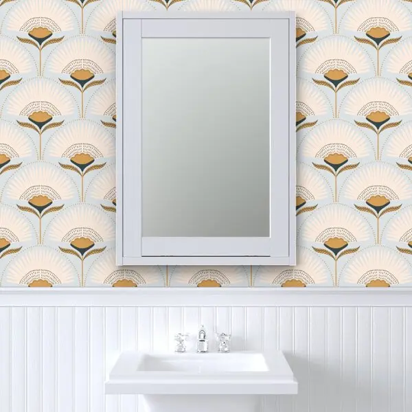Spoonflower Art Deco Palm Blue Simple Decor Home Fans Flowers Custom Pre-pasted Wallpaper - Blue,gold