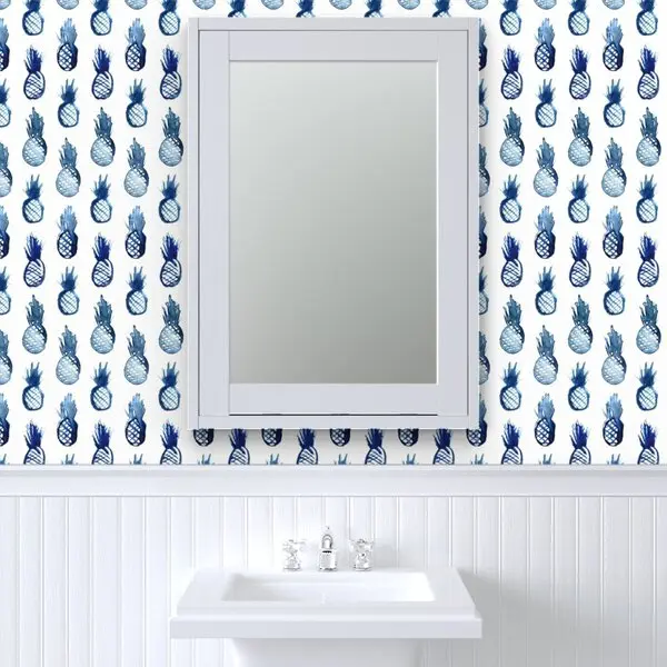 Spoonflower Pineapple Blue Tropical Fruit Nature Minimalistic Custom Removable Wallpaper - Blue,gray