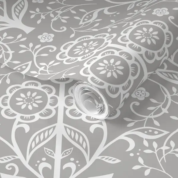 Spoonflower Flowers Gray Folk Art Minimalist Custom Pre-pasted Wallpaper - Gray,white