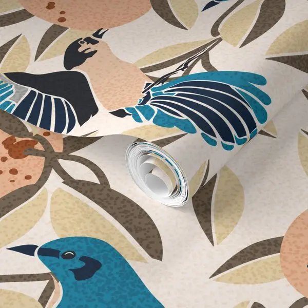 Spoonflower Bird Oranges Fruit Blue Leaves Floral Modern Custom Pre-pasted Wallpaper - Beige,blue,orange