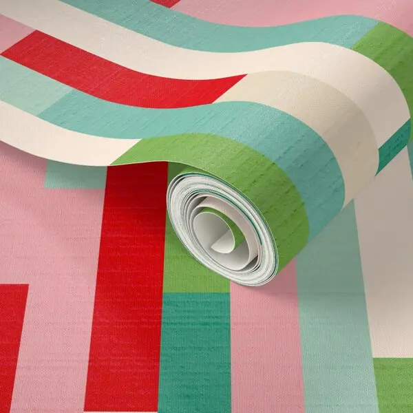 Spoonflower Retro Christmas Lines Pattern Pink Green Blue Red Traditional Wallpaper - Green,pink,blue