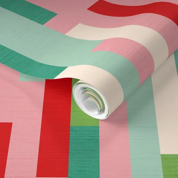 Spoonflower Retro Christmas Lines Pattern Pink Green Blue Red Custom Pre-pasted Wallpaper - Green,pink,blue