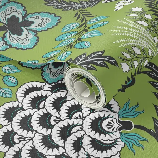 Spoonflower Green Flowers Floral Turquoise French Chinoiserie Custom Removable Wallpaper - Green,mint