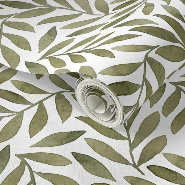 Spoonflower Green Leaves White Plant Watercolor Custom Removable Wallpaper - Green,white,gray