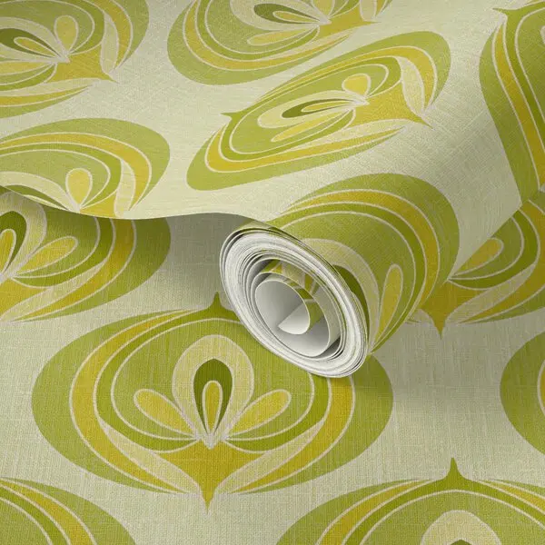 Spoonflower Magic 70s Style Cream Retro Mid Century Custom Pre-pasted Wallpaper - Green