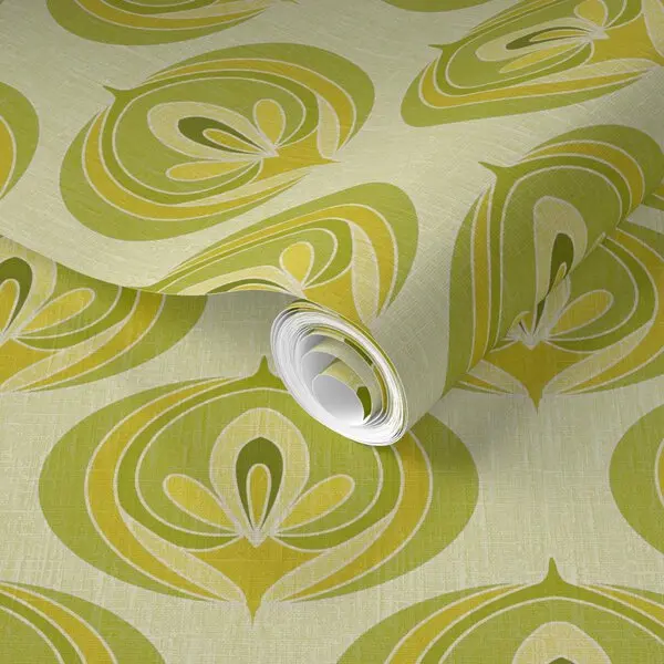 Spoonflower Magic 70s Style Cream Retro Mid Century Custom Pre-pasted Wallpaper - Green