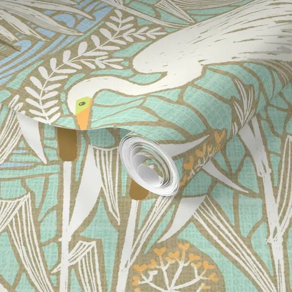 Spoonflower Cranes Coastal Mint Green White Nature Birds Custom Pre-pasted Wallpaper - Green,beige,white