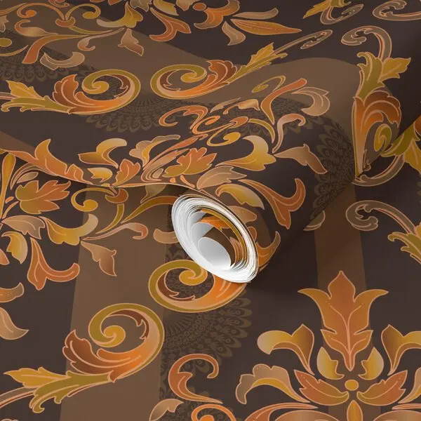 Spoonflower Brown Damask Royal Regal Stripes Floral Quilt Custom Pre-pasted Wallpaper - Brown,bronze,gold