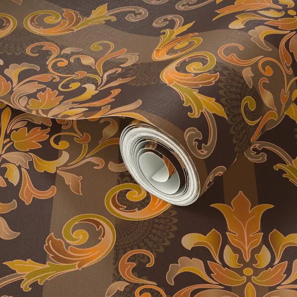 Spoonflower Brown Damask Royal Regal Stripes Floral Quilt Custom Pre-pasted Wallpaper - Brown,bronze,gold