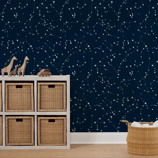 Spoonflower Stars Navy Constellation Astrology Zodiac Night Custom Removable Wallpaper - Navy,blue