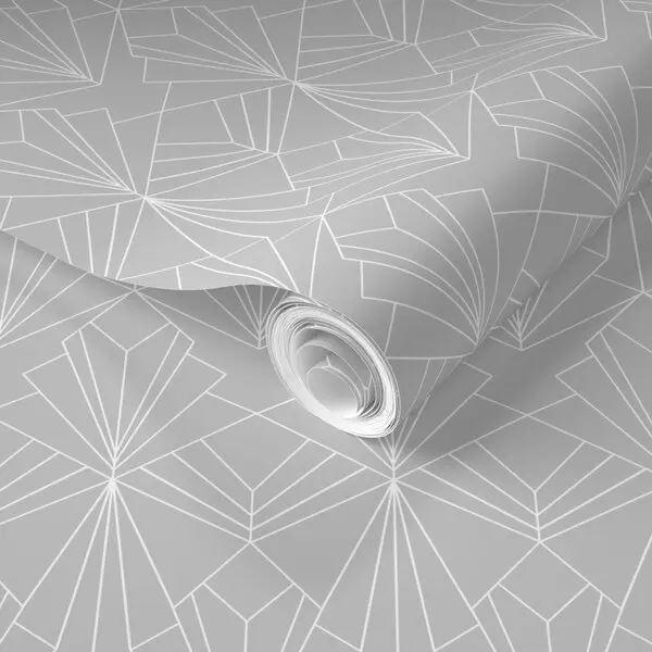 Spoonflower White Geometric Art Deco Neutral Symmetrical Custom Pre-pasted Wallpaper - Gray,white
