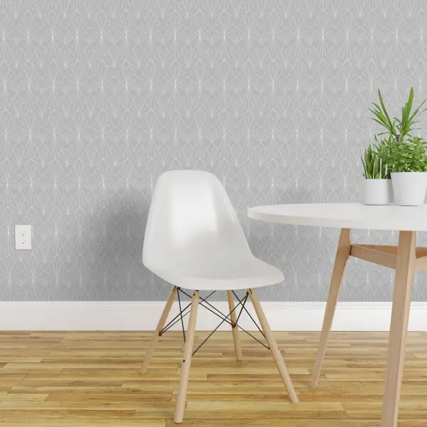 Spoonflower White Geometric Art Deco Neutral Symmetrical Custom Pre-pasted Wallpaper - Gray,white