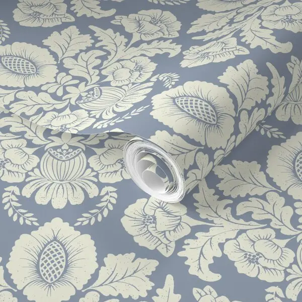 Spoonflower Damask Cream Blue Large Floral Victorian Custom Pre-pasted Wallpaper - Blue,beige