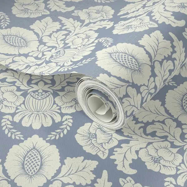 Spoonflower Damask Cream Blue Large Floral Victorian Custom Pre-pasted Wallpaper - Blue,beige