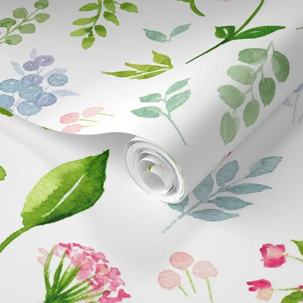Spoonflower Pink Green Blue Flowers Leaves Floral Traditional Wallpaper - Gray,sage,pink