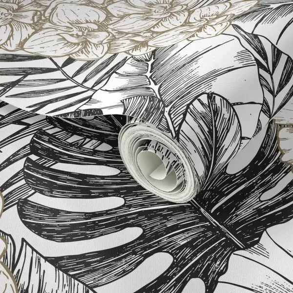 Spoonflower Silver Tropic Gold Elegant Palm Exotic Jungle Custom Pre-pasted Wallpaper - Black,white,gold