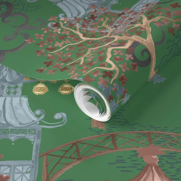 Spoonflower Chinoiserie Party Leopards Pagoda Forest Custom Pre-pasted Wallpaper - Green