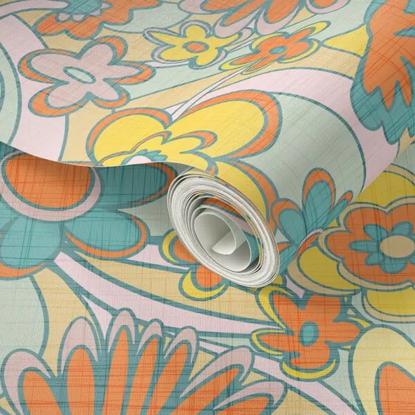 Spoonflower Flower Floral Retro Orange Aqua Groovy 70s Vintage Custom Pre-pasted Wallpaper - Orange,yellow,aqua