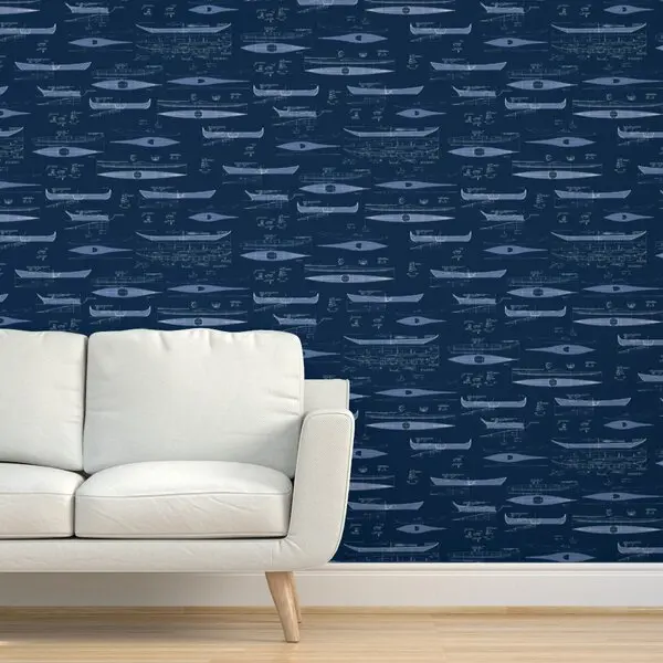 Spoonflower Line Drawing Nautical Navy Indigo And White Custom Removable Wallpaper