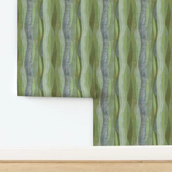 Spoonflower Sage Lime Olive Avocado Pistachio Wavy Flow Custom Pre-pasted Wallpaper