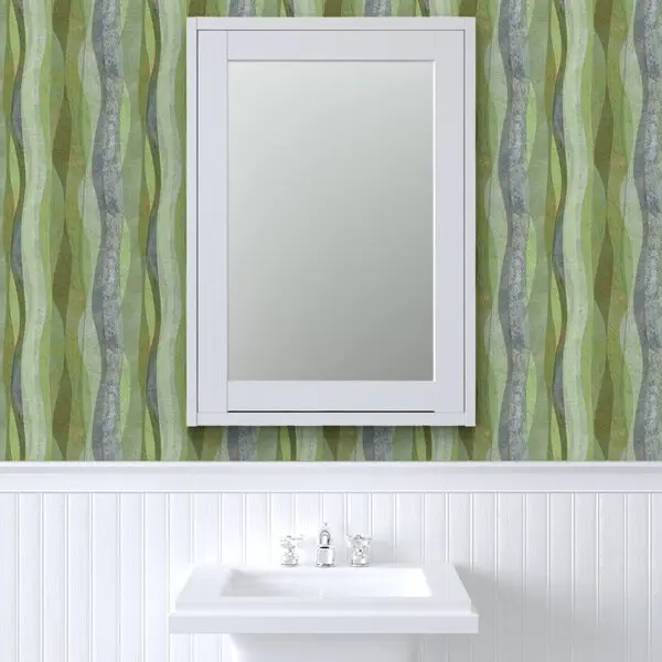 Spoonflower Sage Lime Olive Avocado Pistachio Wavy Flow Custom Pre-pasted Wallpaper