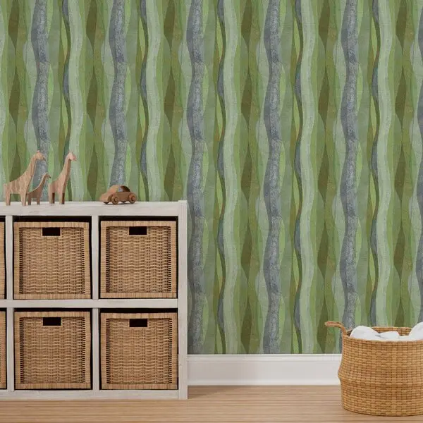 Spoonflower Sage Lime Olive Avocado Pistachio Wavy Flow Custom Pre-pasted Wallpaper