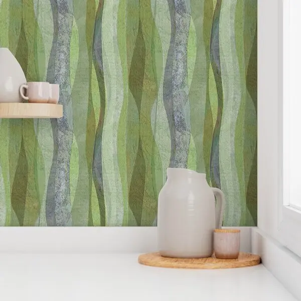 Spoonflower Sage Lime Olive Avocado Pistachio Wavy Flow Custom Pre-pasted Wallpaper