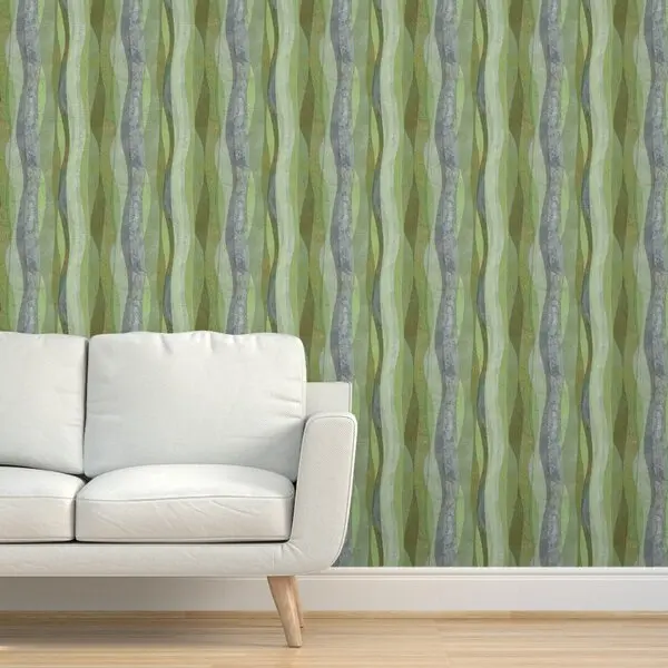 Spoonflower Sage Lime Olive Avocado Pistachio Wavy Flow Custom Pre-pasted Wallpaper