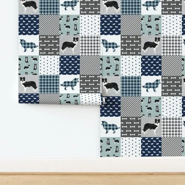 Spoonflower Dog Dogs Navy Cheater Collie Breed Custom Pre-pasted Wallpaper - Blue,gray