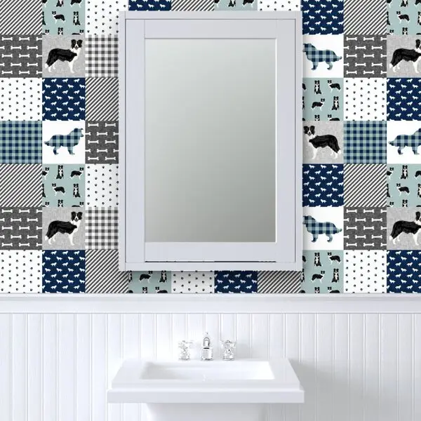 Spoonflower Dog Dogs Navy Cheater Collie Breed Custom Pre-pasted Wallpaper - Blue,gray