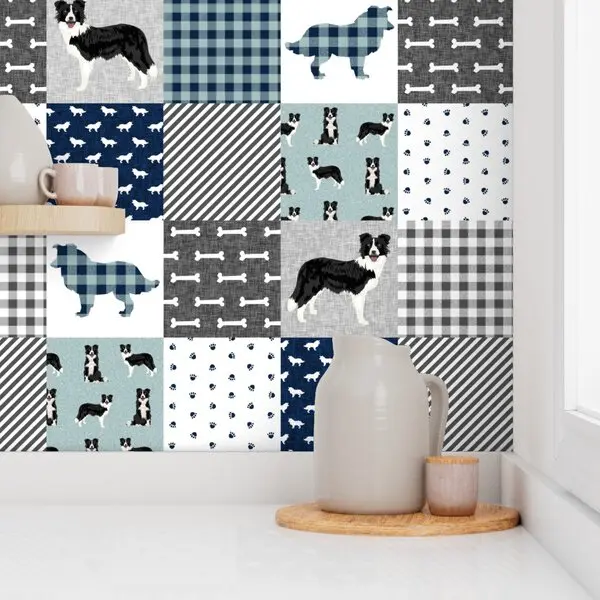 Spoonflower Dog Dogs Navy Cheater Collie Breed Custom Pre-pasted Wallpaper - Blue,gray
