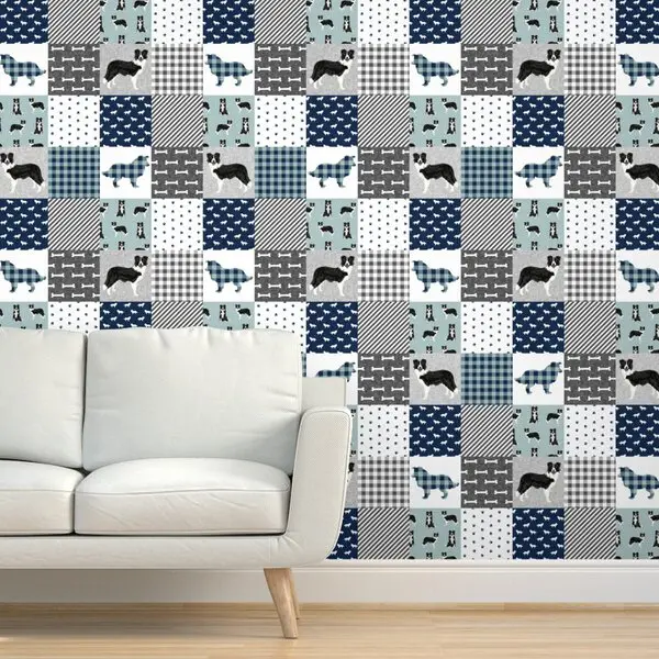 Spoonflower Dog Dogs Navy Cheater Collie Breed Custom Pre-pasted Wallpaper - Blue,gray
