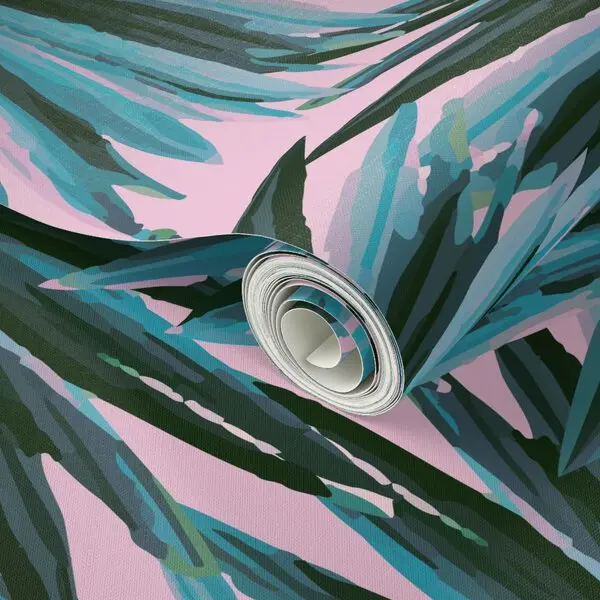 Spoonflower Tropical Palm Leaves Botanical Green Pink Fern Custom Removable Wallpaper - Green,pink,blue