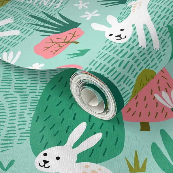 Spoonflower Tortoise And The Hare Rabbit Turtle Spring Mint Custom Removable Wallpaper - Green,pink,brown