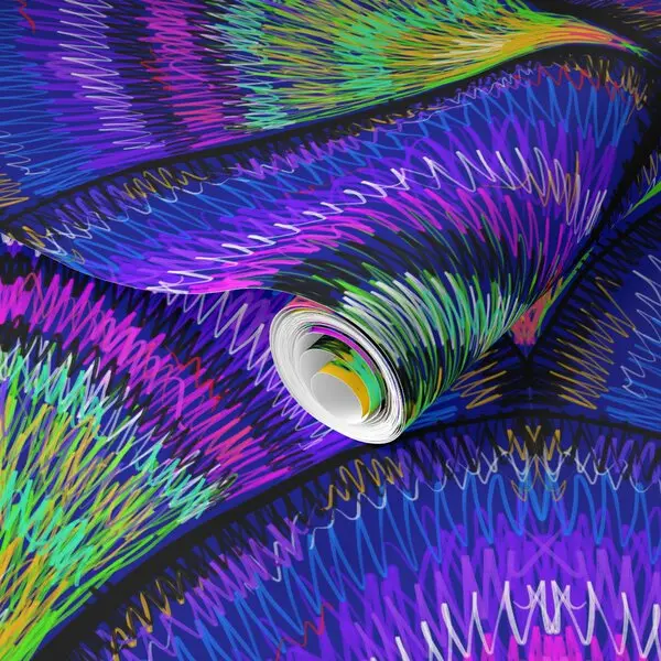 Spoonflower Scallop Exotic Animal Bird Feather Scale Zig Zag Custom Pre-pasted Wallpaper - Blue,purple,green