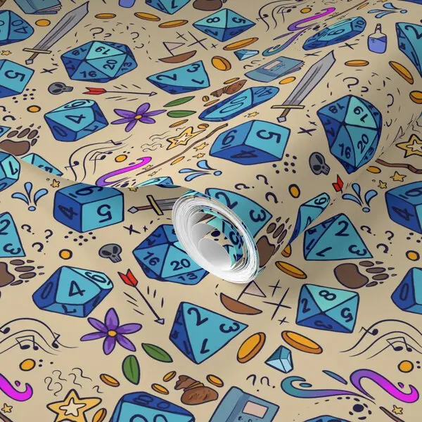 Spoonflower Blue Fantasy Illustration Sword Dice Dragons Custom Pre-pasted Wallpaper - Beige,blue,purple