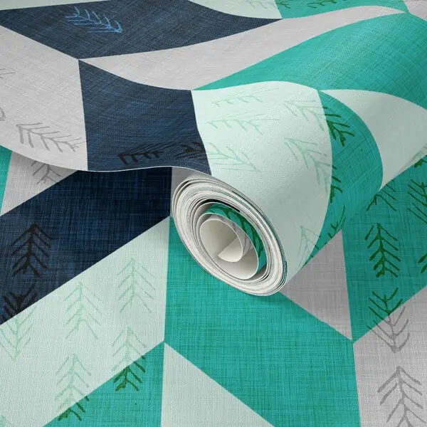 Spoonflower Chevron Cool Colors Geometric Aqua Navy Custom Pre-pasted Wallpaper - Blue,mint,green