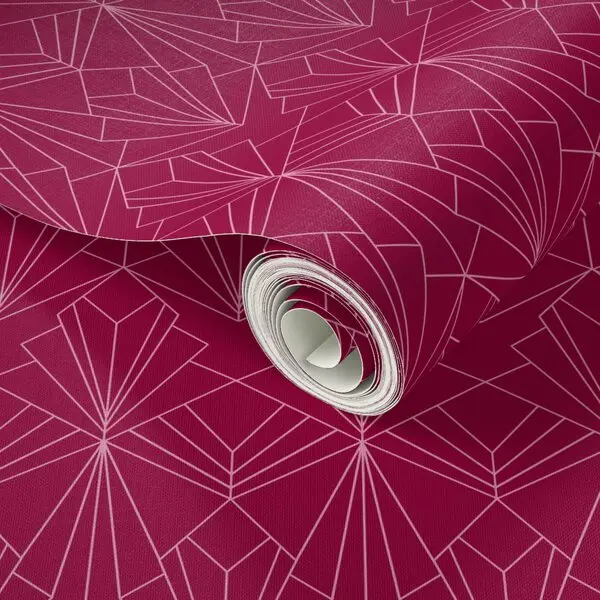 Spoonflower Pink Geometric Art Deco Raspberry Twenties 20s Custom Pre-pasted Wallpaper - Red,pink