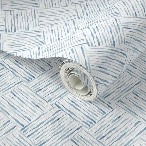 Spoonflower Stripes Woven Weave Watercolor Texture Checker Custom Pre-pasted Wallpaper - Blue