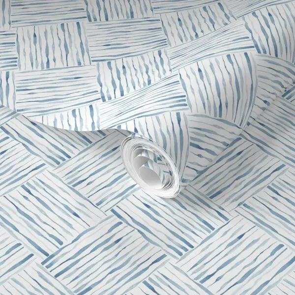 Spoonflower Stripes Woven Weave Watercolor Texture Checker Custom Pre-pasted Wallpaper - Blue