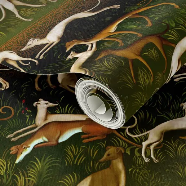 Spoonflower Greyhounds Classic Dogs Green Animals Brown Custom Pre-pasted Wallpaper - Brown,green,black