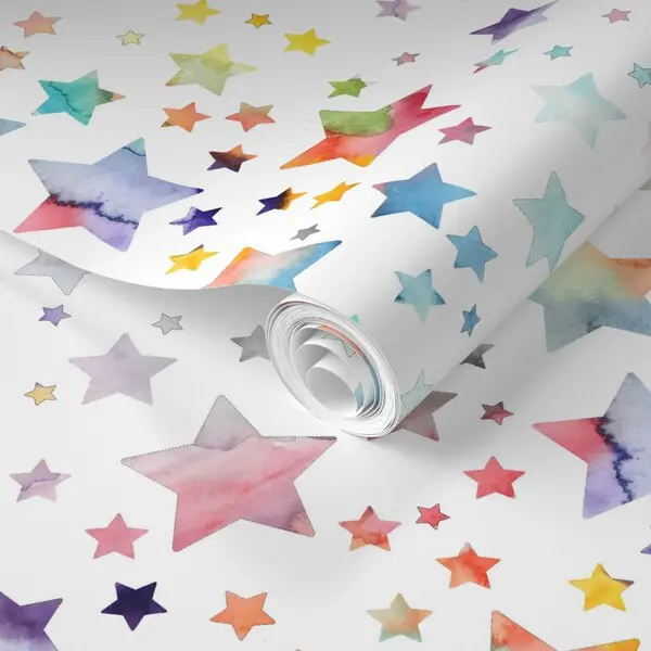 Spoonflower Stars Watercolor Space Astronomy Nursery Custom Removable Wallpaper - Rainbow