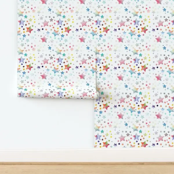 Spoonflower Stars Watercolor Space Astronomy Nursery Custom Removable Wallpaper - Rainbow