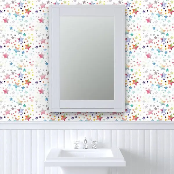 Spoonflower Stars Watercolor Space Astronomy Nursery Custom Removable Wallpaper - Rainbow