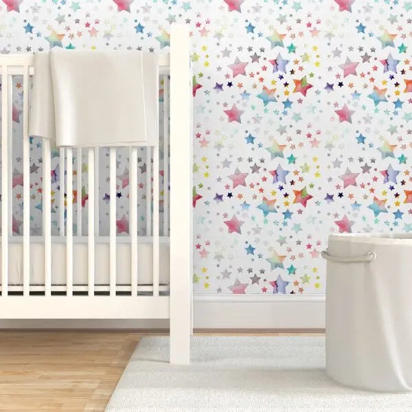 Spoonflower Stars Watercolor Space Astronomy Nursery Custom Removable Wallpaper - Rainbow